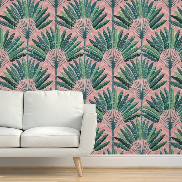 Spoonflower Mod Travellers Palms On Geometric Pink Wave Grid 100% Natural Sisal Grasscloth Wallcovering - Pink,green