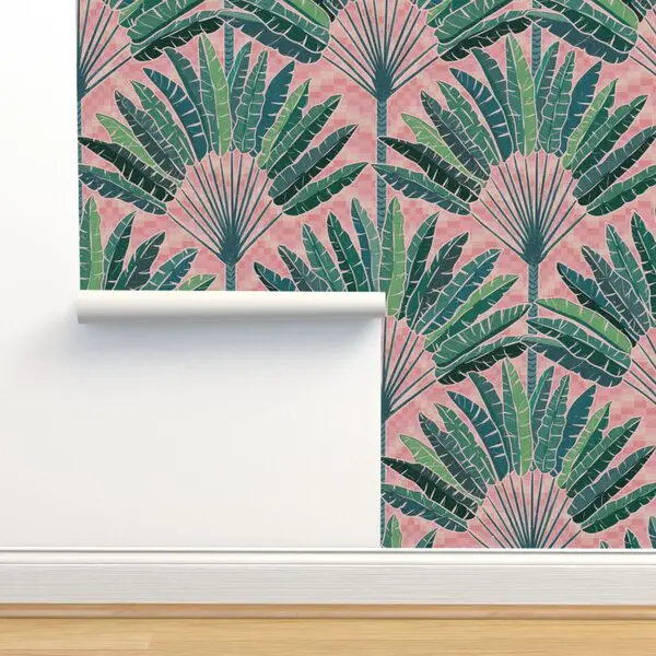 Spoonflower Mod Travellers Palms On Geometric Pink Wave Grid 100% Natural Sisal Grasscloth Wallcovering - Pink,green