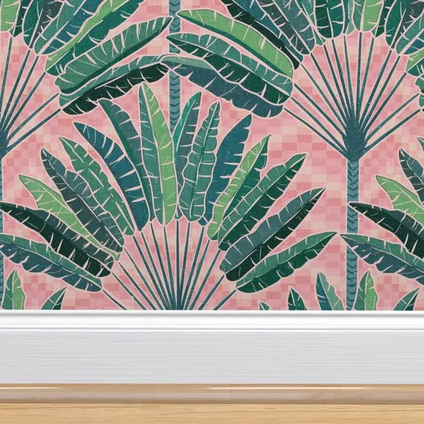 Spoonflower Mod Travellers Palms On Geometric Pink Wave Grid 100% Natural Sisal Grasscloth Wallcovering - Pink,green