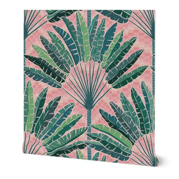 Spoonflower Mod Travellers Palms On Geometric Pink Wave Grid 100% Natural Sisal Grasscloth Wallcovering - Pink,green