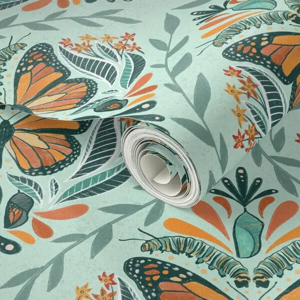 Spoonflower Life Monarch Green Butterfly Orange Plants Garden Custom Pre-pasted Wallpaper - Blue,orange,mint
