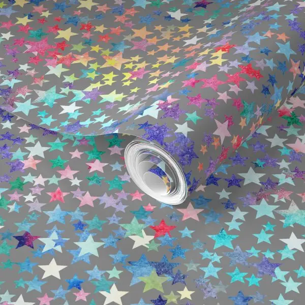 Spoonflower Rainbow Stars Grey Custom Pre-pasted Wallpaper - Gray,blue,pink