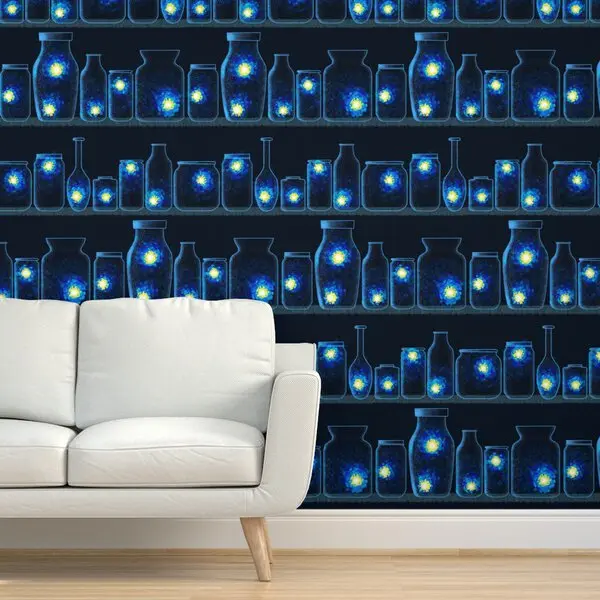 Spoonflower Lightning Bugs Blue Yellow Teal Fireflies Custom Pre-pasted Wallpaper