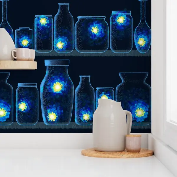 Spoonflower Lightning Bugs Blue Yellow Teal Fireflies Custom Pre-pasted Wallpaper