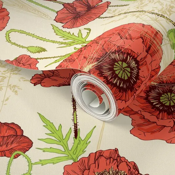 Spoonflower Poppy Meadow Red Scarlet Blossom Poppies Blue Custom Pre-pasted Wallpaper - Red,green,beige