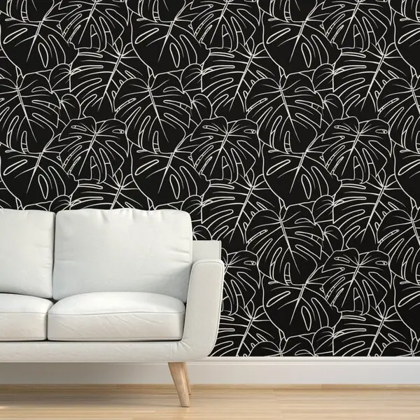 Spoonflower Monstera White On Black Jumbo 100% Natural Sisal Grasscloth Wallcovering