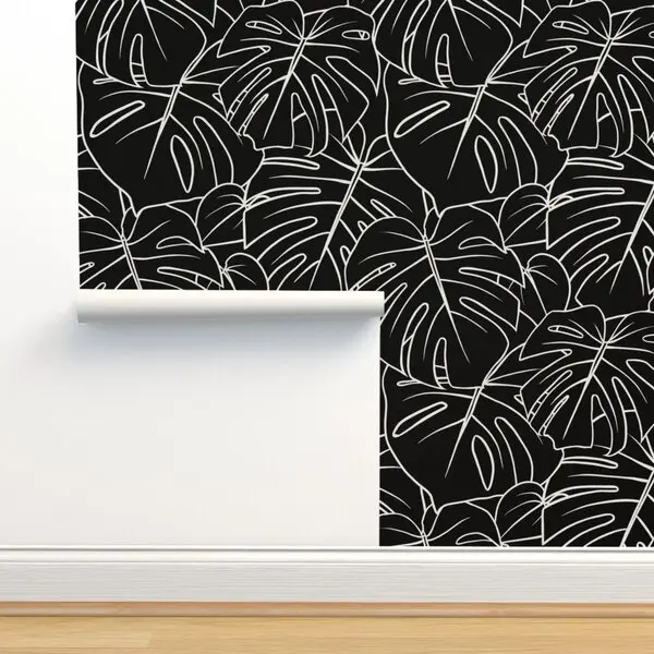 Spoonflower Monstera White On Black Jumbo 100% Natural Sisal Grasscloth Wallcovering