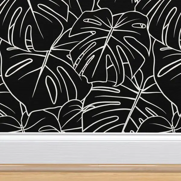 Spoonflower Monstera White On Black Jumbo 100% Natural Sisal Grasscloth Wallcovering
