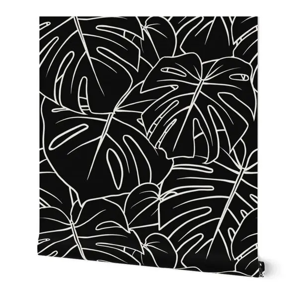 Spoonflower Monstera White On Black Jumbo 100% Natural Sisal Grasscloth Wallcovering