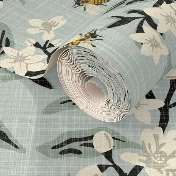 Spoonflower Flowers Bees Texture Large Blue Black Floral Traditional Wallpaper - Blue,white,gray