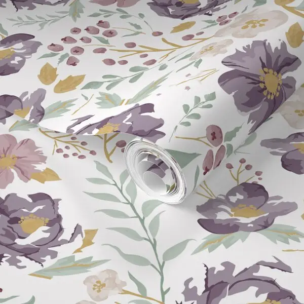 Spoonflower Autumn Meadow Floral Fall Purple Gold Rustic Custom Pre-pasted Wallpaper - Purple,green,white