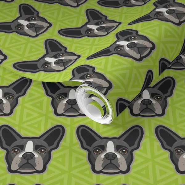 Spoonflower Green Dogs Pop Art Terrier Boston Dog Pet Traditional Wallpaper - Green,black,gray