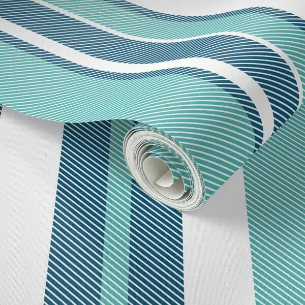 Spoonflower Blue Modern Stripes Aqua Navy Summer Beach Custom Pre-pasted Wallpaper - Blue,aqua,navy