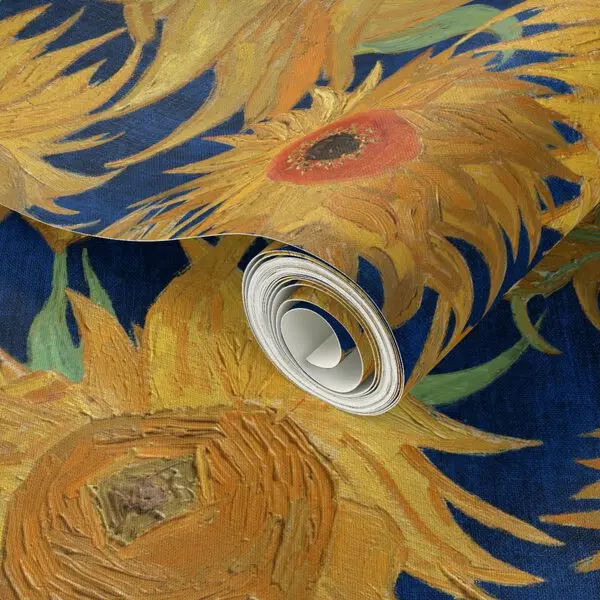 Spoonflower Van Gogh Sunflowers Indigo Yellow Orange Blossom Custom Pre-pasted Wallpaper - Yellow,blue