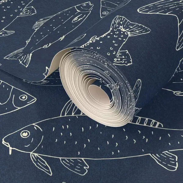 Spoonflower Fish Bass Carp Trout Salmon Navy Lake Fishing 100% Natural Sisal Grasscloth Wallcovering - Blue,white,navy