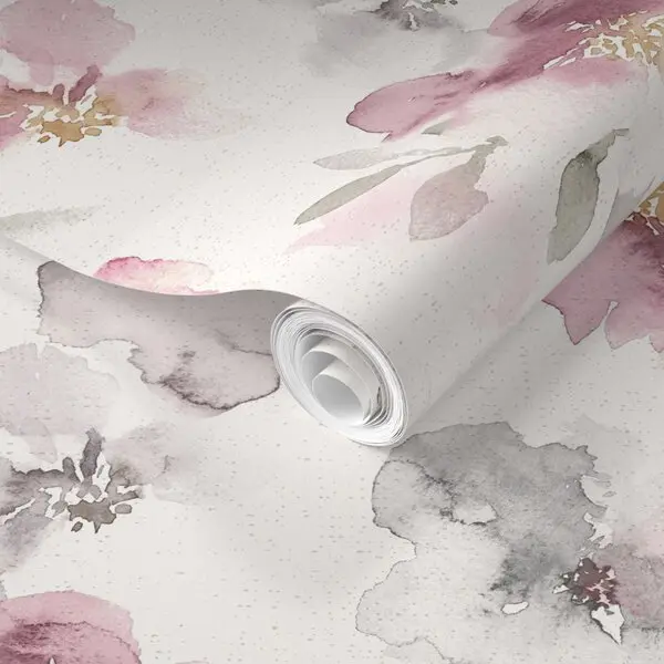Spoonflower Pink Floral Grey Rose Elegant Custom Pre-pasted Wallpaper - Pink,beige,gray