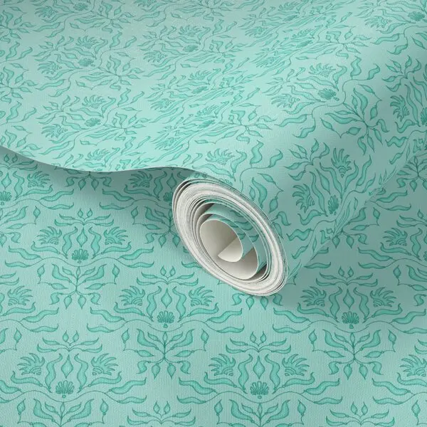 Spoonflower Seaweed Kelp Ocean Seashell Seafoam Damask Reef Custom Pre-pasted Wallpaper - Teal,green,mint