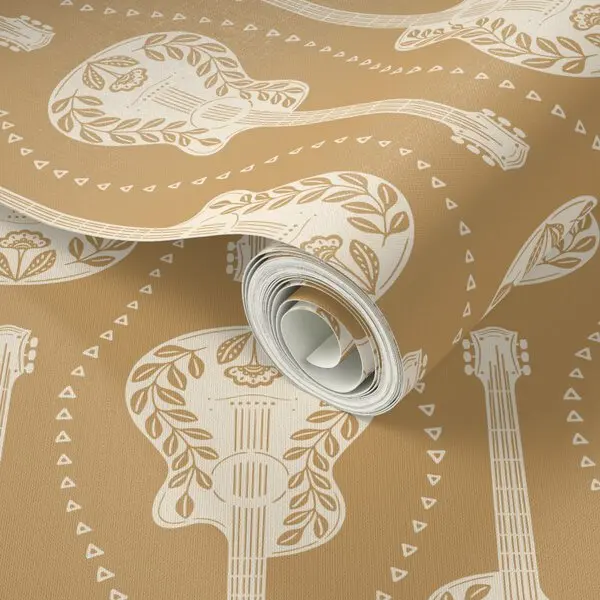 Spoonflower Floral Gold Trendy Folk Guitars Custom Pre-pasted Wallpaper - Brown,beige