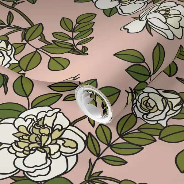 Spoonflower Flowers Leaves Floral Roses Bohemian Botanical Traditional Wallpaper - Brown,pink