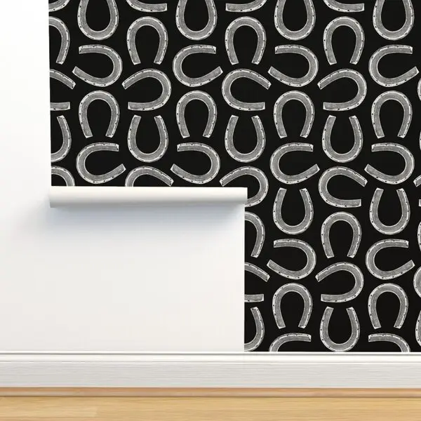 Spoonflower Western Horseshoes Black & White Pattern With 100% Natural Sisal Grasscloth Wallcovering
