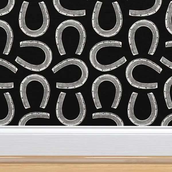 Spoonflower Western Horseshoes Black & White Pattern With 100% Natural Sisal Grasscloth Wallcovering