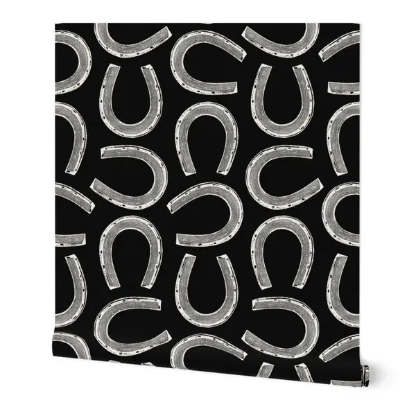 Spoonflower Western Horseshoes Black & White Pattern With 100% Natural Sisal Grasscloth Wallcovering