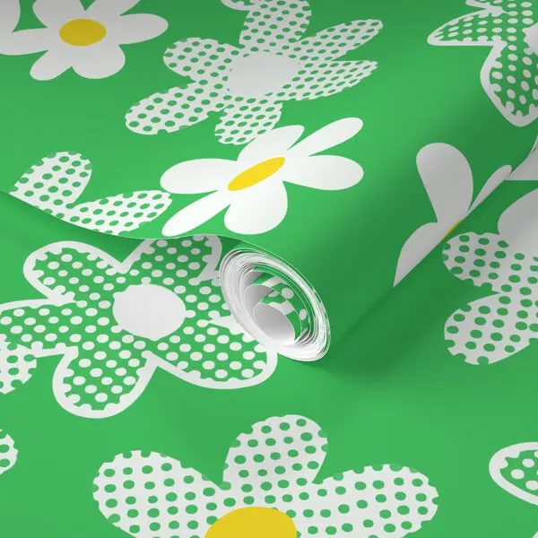 Spoonflower Groovy Retro Daisies Custom Pre-pasted Wallpaper - Green