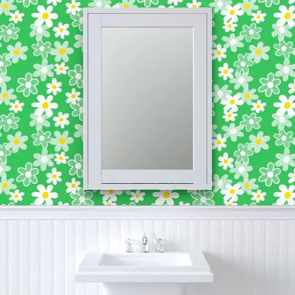 Spoonflower Groovy Retro Daisies Custom Pre-pasted Wallpaper