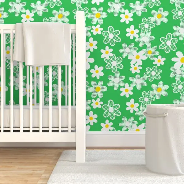 Spoonflower Groovy Retro Daisies Custom Pre-pasted Wallpaper