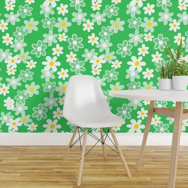 Spoonflower Groovy Retro Daisies Custom Pre-pasted Wallpaper