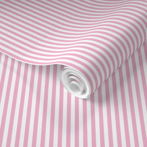 Spoonflower Pink Stripes Striped Vertical Light Stripe Custom Pre-pasted Wallpaper - Pink,white,gray