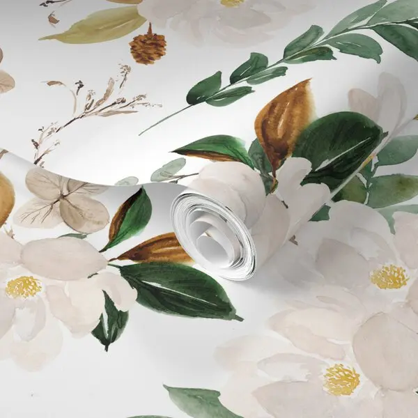 Spoonflower Magnolia Summer Floral Spring Gold Rose Ivory Traditional Wallpaper - Gray,green,brown