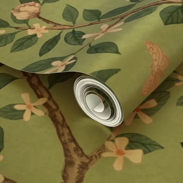 Spoonflower Floral Birds Branch Garden Chinoiserie Elsie Wallpaper - Green
