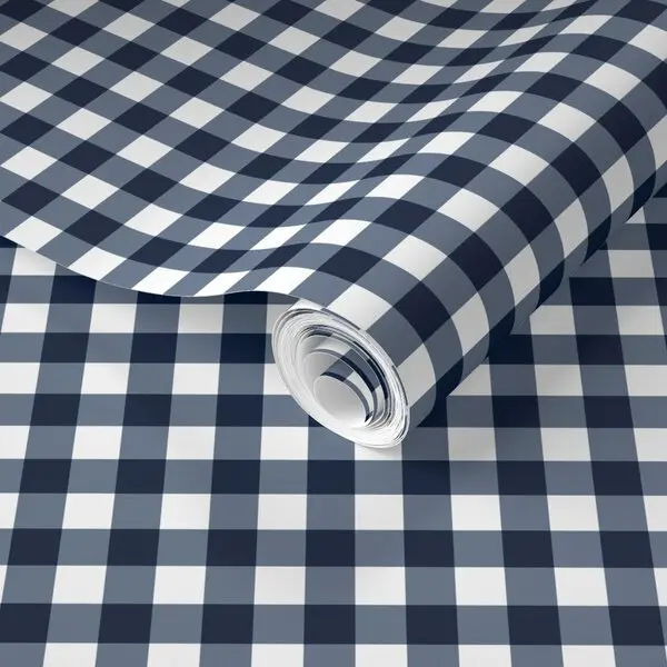 Spoonflower Plaid Gingham Check Navy And White Country Spring Traditional Wallpaper - Blue,white,gray