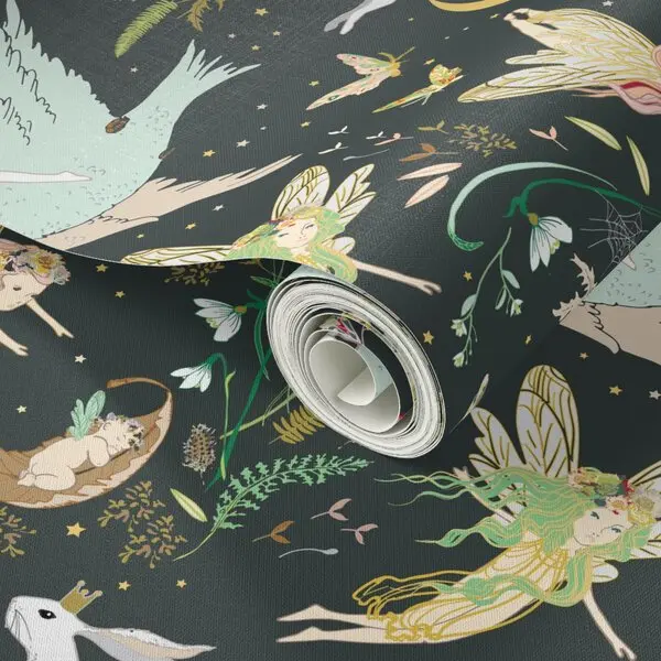 Spoonflower Fairies Pine Fairy Tale Rabbit Magic Dark Traditional Wallpaper - Green,sage,brown
