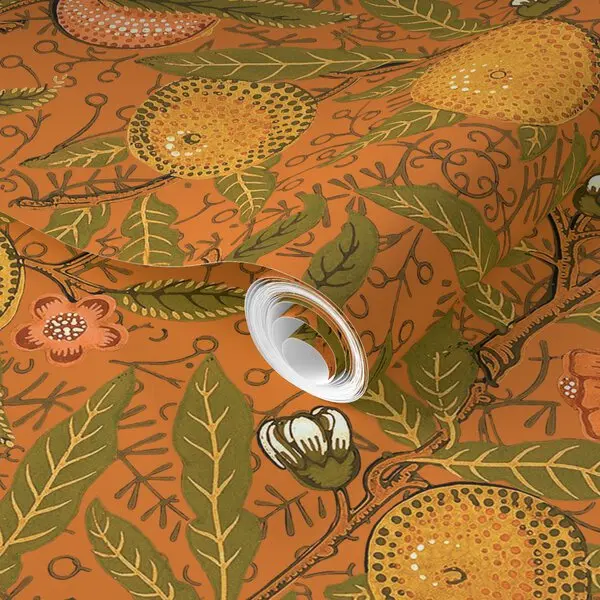 Spoonflower Orange Fruit Citrus Pomegranate Morris Arts And Custom Removable Wallpaper - Brown,orange,yellow