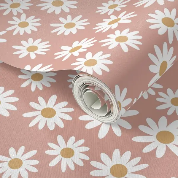 Spoonflower Brown Daisies Mauve Rust Daisy Terracotta Apricot Custom Pre-pasted Wallpaper - Pink,beige,brown