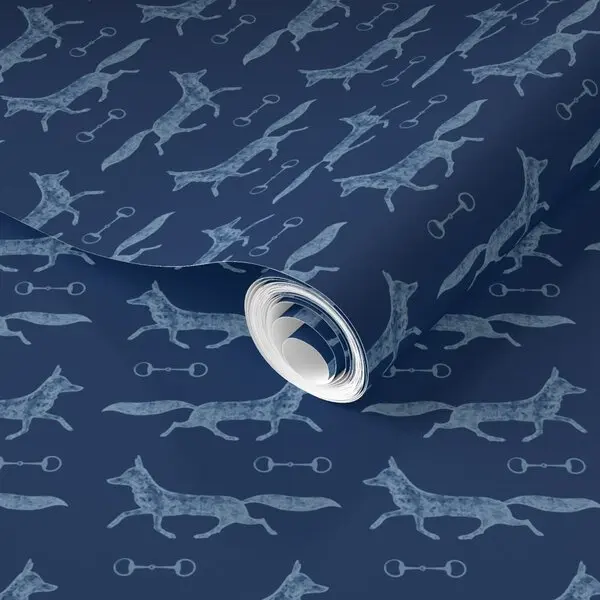 Spoonflower Call Fox Hunting Equestrian Sport Trumpet Modern Custom Pre-pasted Wallpaper - Blue
