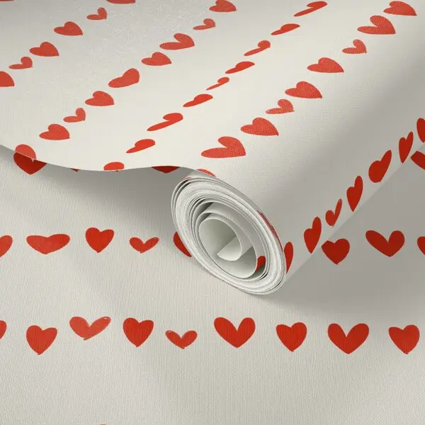 Spoonflower Striped Hearts Ivory Cream Red Stripes Love Traditional Wallpaper - Beige,red,gray