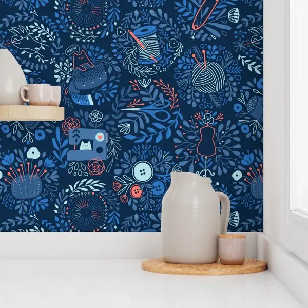 Spoonflower Floral Cat Machine Spoonflowerdc Traditional Wallpaper