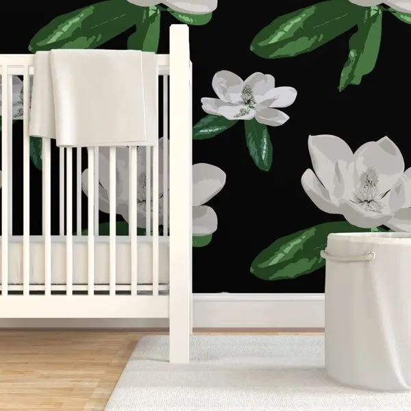 Spoonflower Black White Green Flowers Trees Large Custom Pre-pasted Wallpaper