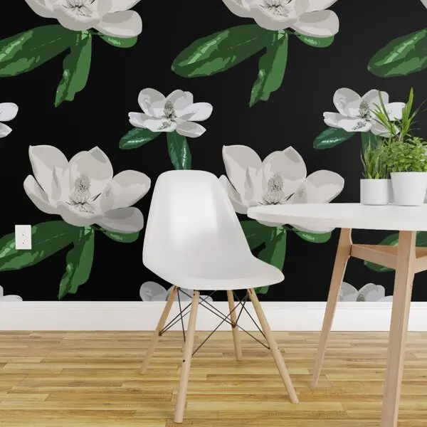 Spoonflower Black White Green Flowers Trees Large Custom Pre-pasted Wallpaper