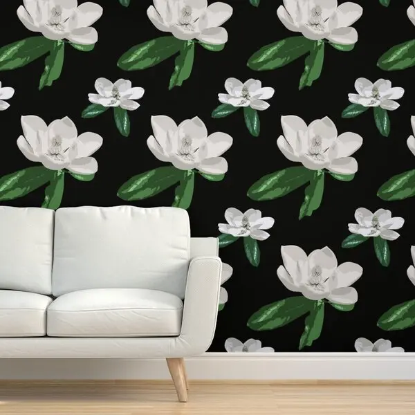 Spoonflower Black White Green Flowers Trees Large Custom Pre-pasted Wallpaper