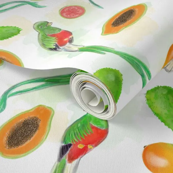 Spoonflower Quetzal Mango Papaya Guava Tropical Fruits Custom Pre-pasted Wallpaper - Green,orange,sage