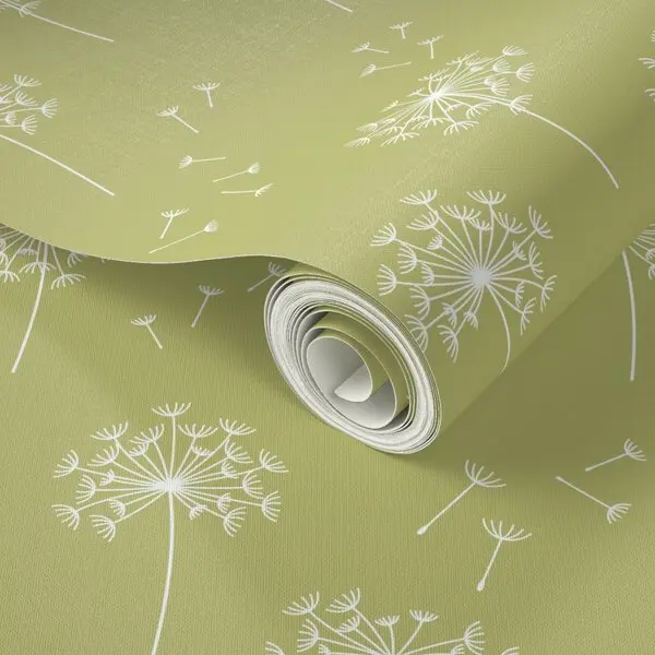 Spoonflower Green Floral Seeds Doodle Dandelion Botanical Custom Pre-pasted Wallpaper - Green,white,yellow