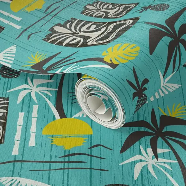 Spoonflower Vintage Retro Aqua Summer Beach Tropical Hawaii Custom Pre-pasted Wallpaper - Green,sage,blue