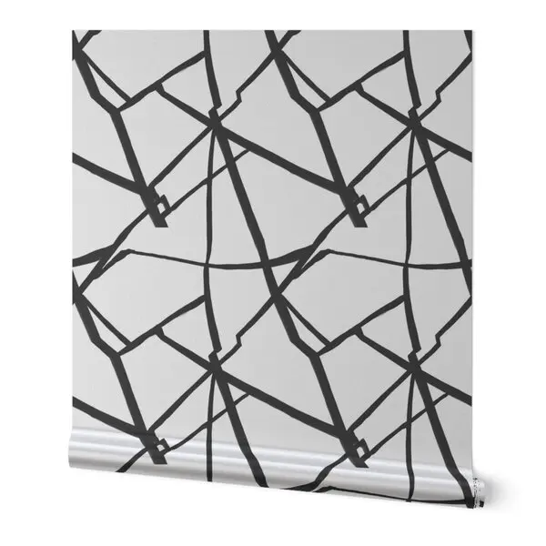 Spoonflower Curtains Linear Currents Ink Lines Black White Custom Pre-pasted Wallpaper - Black,white,gray