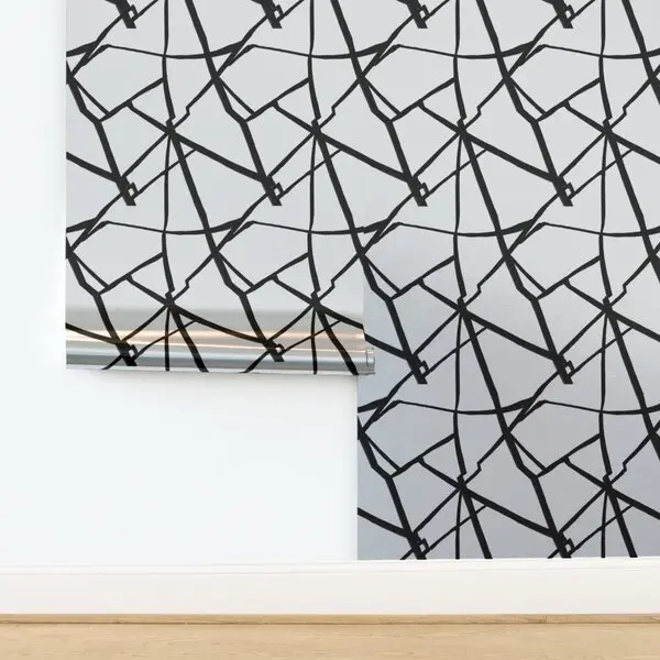 Spoonflower Curtains Linear Currents Ink Lines Black White Custom Pre-pasted Wallpaper - Black,white,gray