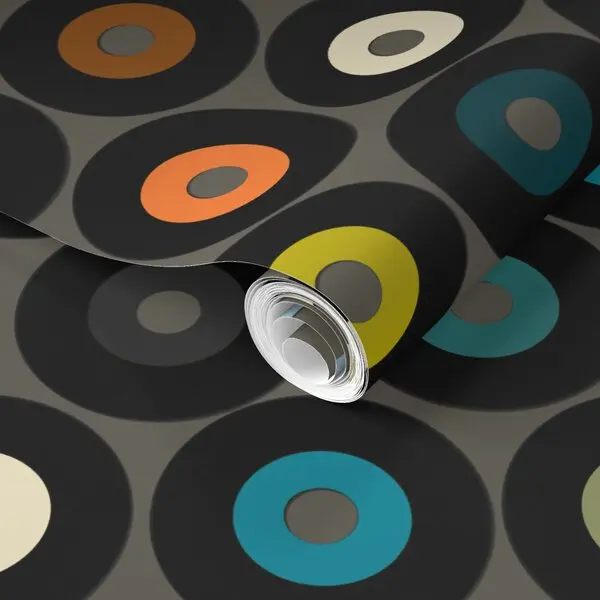 Spoonflower Vintage Retro Grey Music Spot Multicolor Traditional Wallpaper - Black,blue,yellow