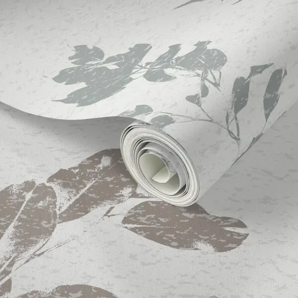 Spoonflower Green Blue Leaves Brown Grey Branches Custom Pre-pasted Wallpaper - Green,gray